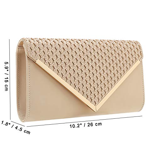 CHARMING TAILOR Elegant Satin Clutch Shimmering Rhinestones Laser-cut Flap Prom Purse (Beige)
