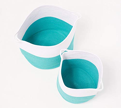 StorageWorks 100% Natural Cotton Rope Hand-Woven Basket- Two Color Design- White & Seaglass- 2 Pack