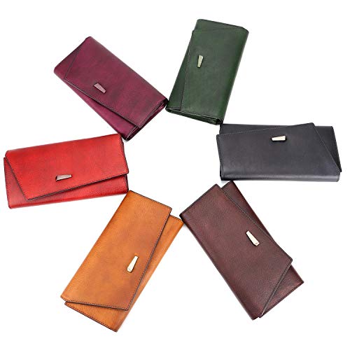 Genuine Leather Wallet RFID Blocking Women Long Purse Vintage Cowhide Handmade Card Holder Organizer (Brown)