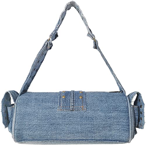 Bijoux De Ja Upcycling Blue Denim Jeans Punk Brass Rivet Studded Buckle Belt Decorative Barrel Shoulder Handle Handbag Purse