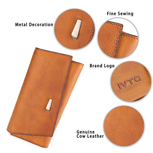 Genuine Leather Wallet RFID Blocking Women Long Purse Vintage Cowhide Handmade Card Holder Organizer (Brown)