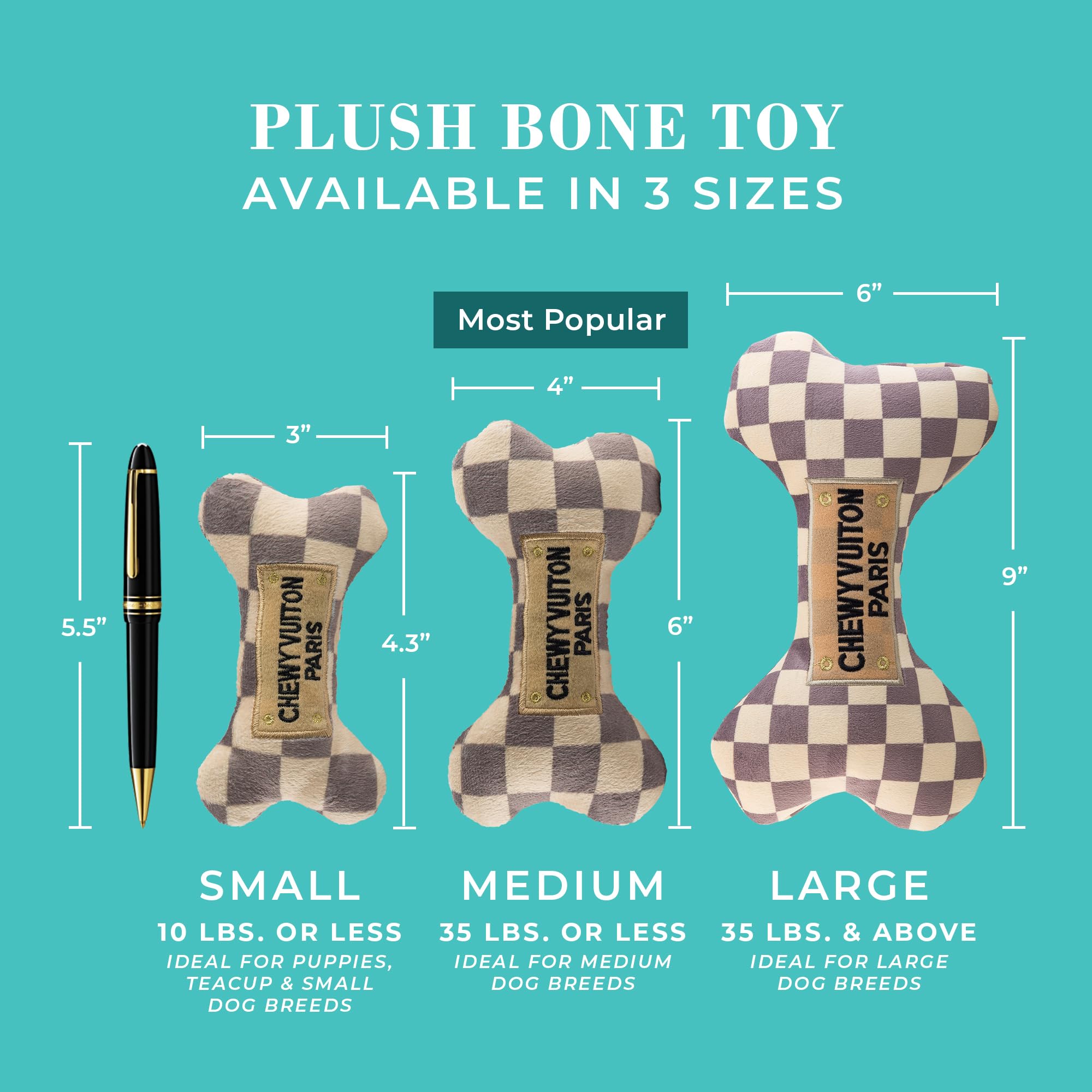Haute Diggity Dog Checker Chewy Vuiton Bone, Plush Designer Dog Toys with Interactive Squeaker, Stimulating Pet Enrichment, Machine-Washable & Safe Materials for All Breeds, Size Medium