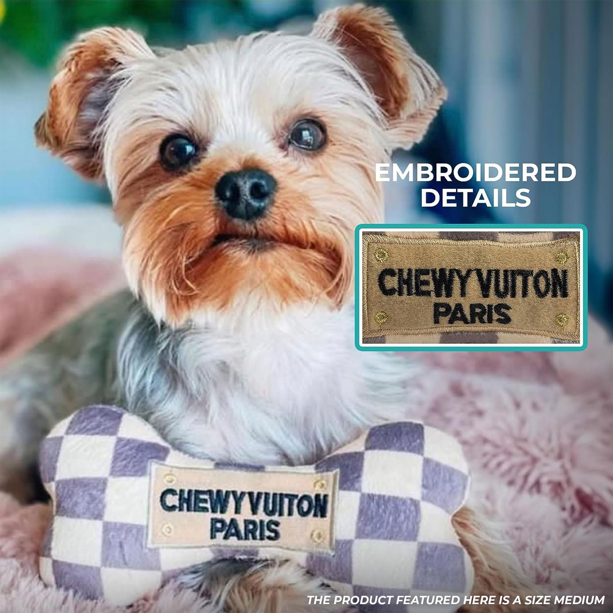 Haute Diggity Dog Checker Chewy Vuiton Bone, Plush Designer Dog Toys with Interactive Squeaker, Stimulating Pet Enrichment, Machine-Washable & Safe Materials for All Breeds, Size Medium