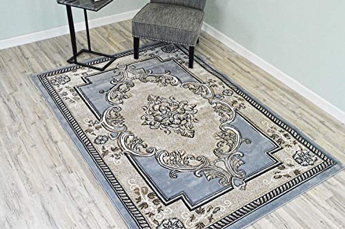PlanetRugs Glamour Design 206 3D Hand Carved Traditional Rug Oriental Floral 7'9''x10'8'' Grey Beige