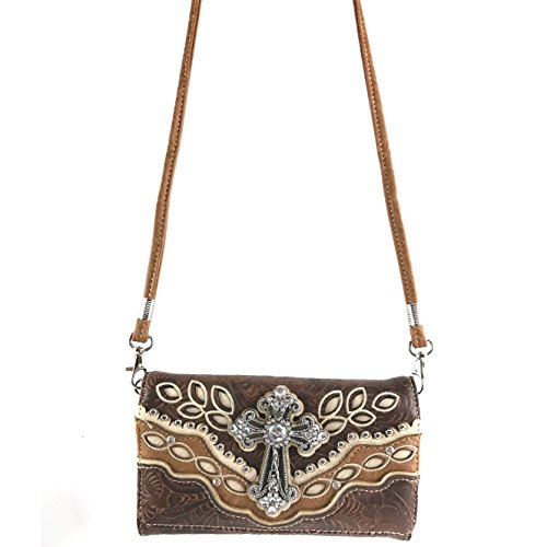 Justin West Tooled Floral Autumn Leaf Pattern Laser Cut Rhinestone Cross Messenger Bag Purse with Long Crossbody Strap (Brown Wallet)
