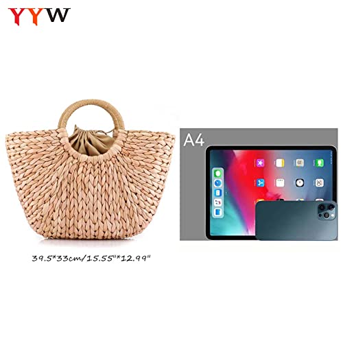Summer Rattan Bag for Women Straw Hand-woven Top-handle Handbag Beach Sea Straw Rattan Tote Clutch Bags (Khaki)
