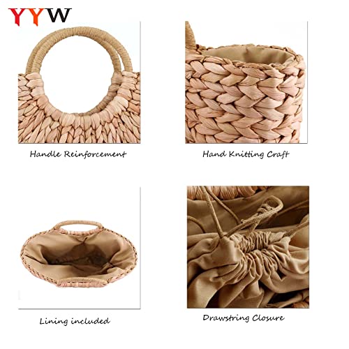 Summer Rattan Bag for Women Straw Hand-woven Top-handle Handbag Beach Sea Straw Rattan Tote Clutch Bags (Khaki)
