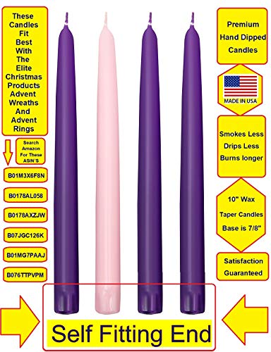 Elite Christmas Products Advent Candle Set. Made in The USA Self Fitting End. Premium Hand Dipped Candles, Dripless, 4 Pack - 3 Purple, 1 Pink