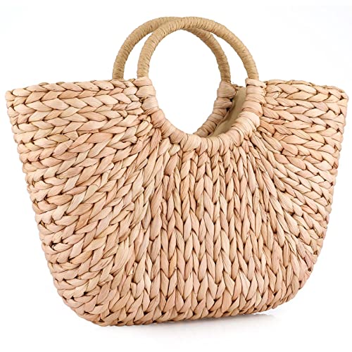 Summer Rattan Bag for Women Straw Hand-woven Top-handle Handbag Beach Sea Straw Rattan Tote Clutch Bags (Khaki)