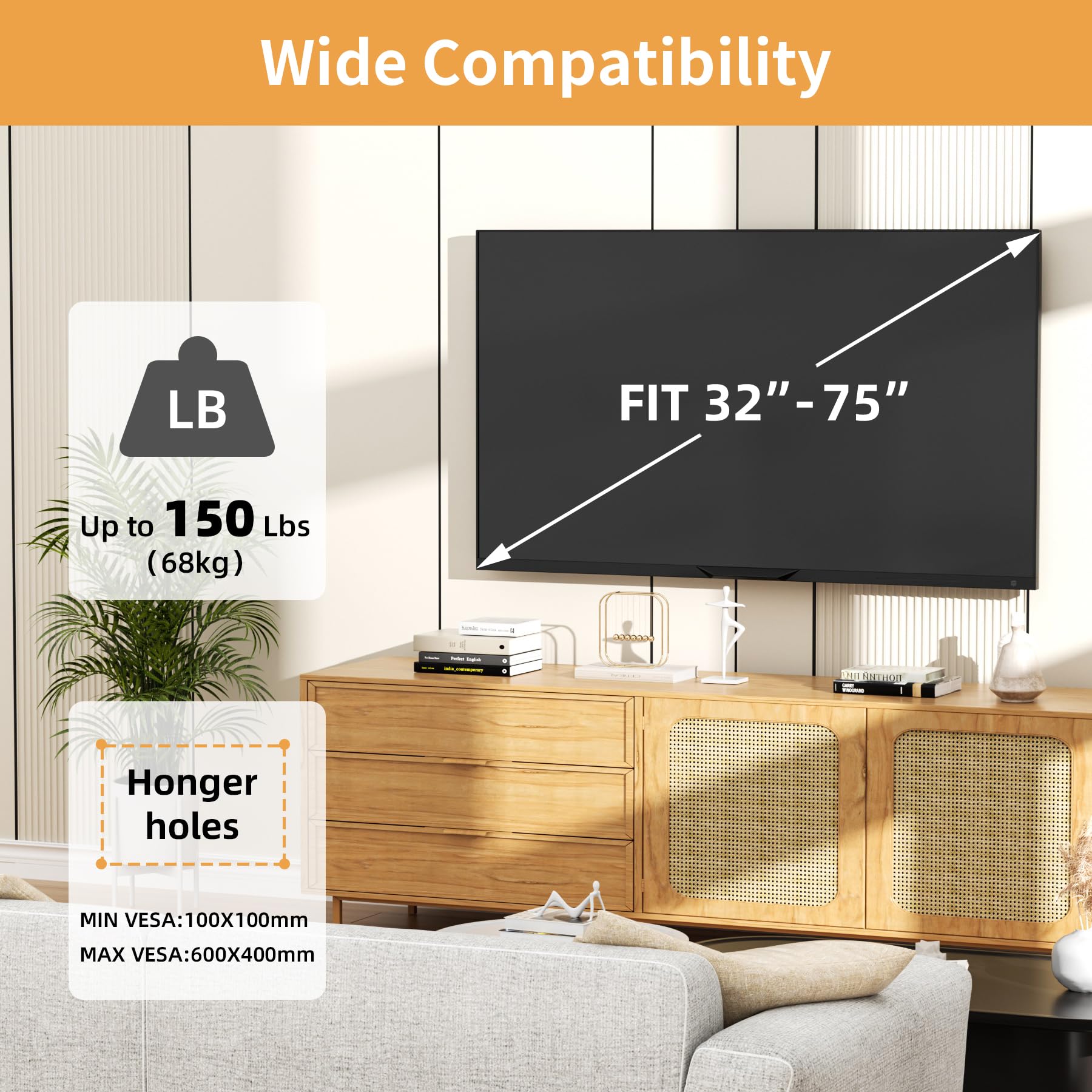 KAMIWI Stud Free TV Mount, No Stud TVs Wall Mount for 32-75 Inch TVs, Heavy Duty Drywall TV Bracket Max Vesa 600x400mm, Max Load Capacity 150 Lbs, Easy to Install