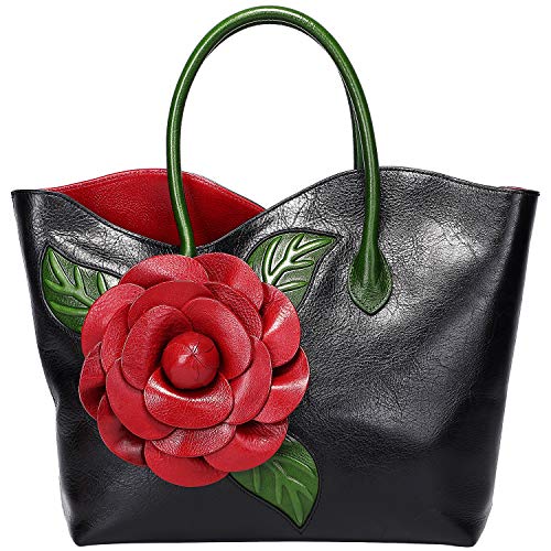 PIJUSHI Designer Genuine Leather Purses and Handbags for Women Satchel Flower Handbag (8825 Black)