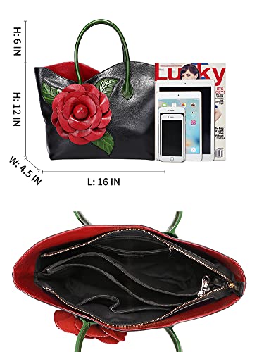 PIJUSHI Designer Genuine Leather Purses and Handbags for Women Satchel Flower Handbag (8825 Black)