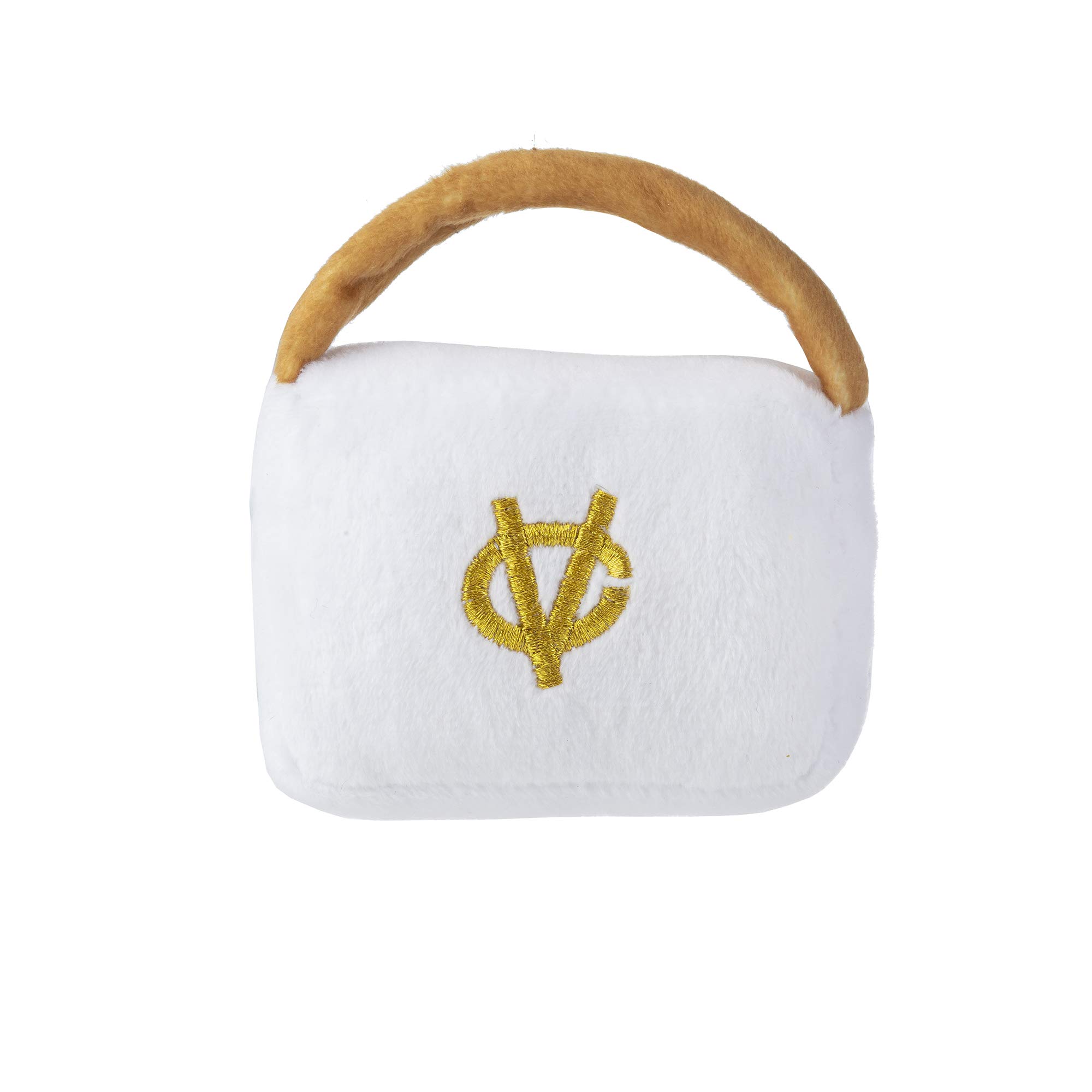 Haute Diggity Dog Chewy Vuiton White Purse, Plush Designer Dog Toys with Interactive Squeaker, Stimulating Pet Enrichment, Machine-Washable & Safe Materials for All Breeds, Size Small