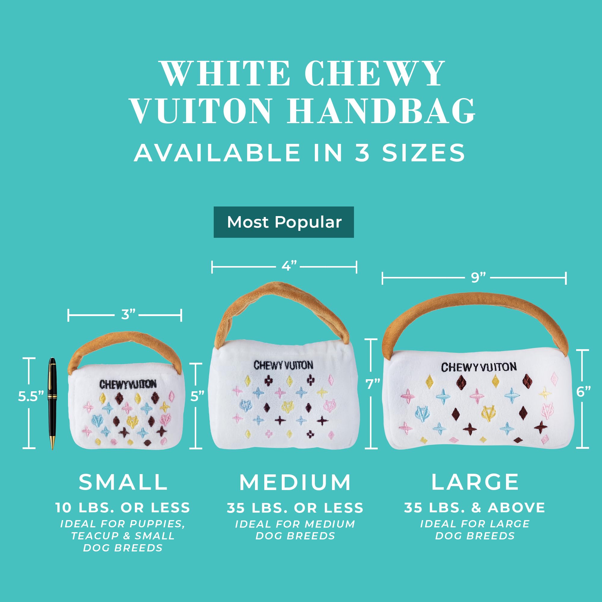 Haute Diggity Dog Chewy Vuiton White Purse, Plush Designer Dog Toys with Interactive Squeaker, Stimulating Pet Enrichment, Machine-Washable & Safe Materials for All Breeds, Size Small