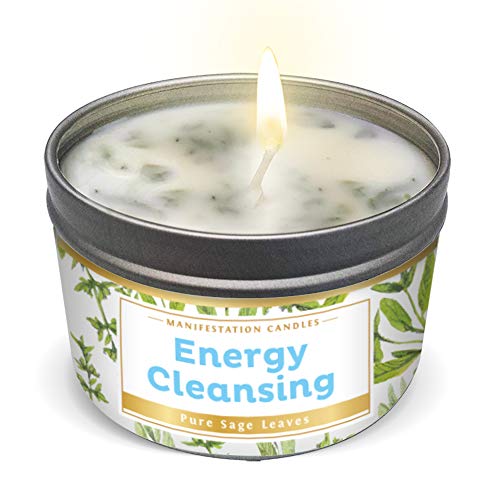 Manifestation Candle Energy Cleansing with Pure Sage Leaves Aromatherapy Candle for House Energy Cleansing & Positivity Vibes - 5.5oz Natural Soy Wax Tin - 24 Hour Burn Time - Banishes Negative Energy