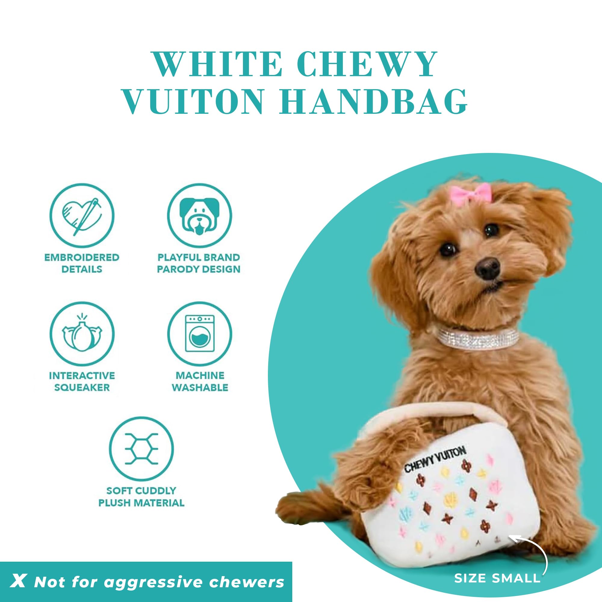 Haute Diggity Dog Chewy Vuiton White Purse, Plush Designer Dog Toys with Interactive Squeaker, Stimulating Pet Enrichment, Machine-Washable & Safe Materials for All Breeds, Size Small