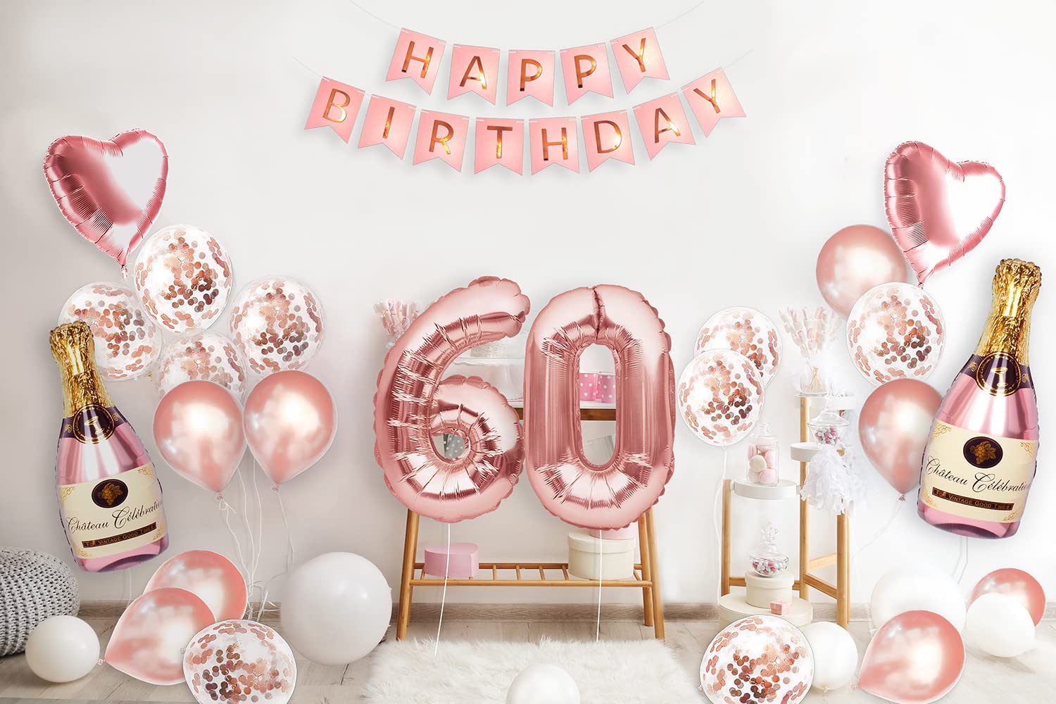 PartyForever 60th Birthday Decorations for Women Rose Gold Supplies Big Set Including Birthday Banner with 60 and Fabulous Sash for Her Sixty Bday Theme Party Decor