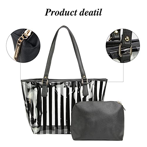 2 in 1 Semi Clear Beach Tote Bags Large Work Shoulder Bag with Interior Pouch (Black)