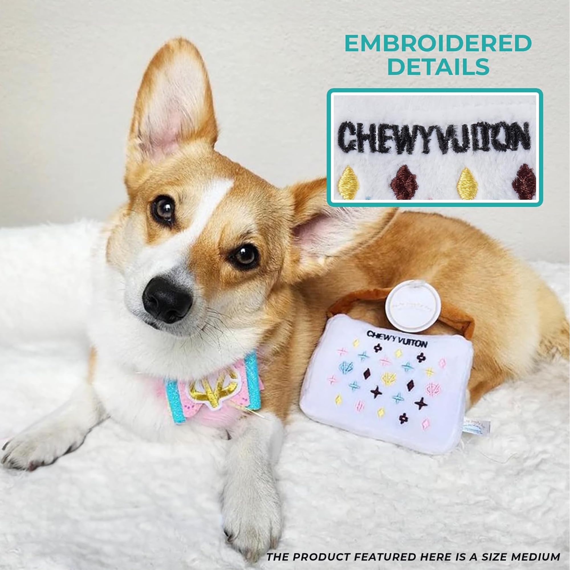 Haute Diggity Dog Chewy Vuiton White Purse, Plush Designer Dog Toys with Interactive Squeaker, Stimulating Pet Enrichment, Machine-Washable & Safe Materials for All Breeds, Size Small