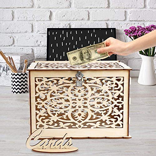 Funyear DIY rustic Wedding Card Box with Lock, Wooden Gift Card Box Holder Money Box for Wedding Reception Deco, Baby Showers, Birthday Party Decorations