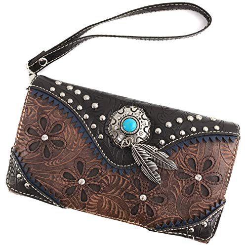 Zelris Floral Western Pu Tooled Leather Turquoise Concho Feathers Crossbody Trifold Wallet (Brown)