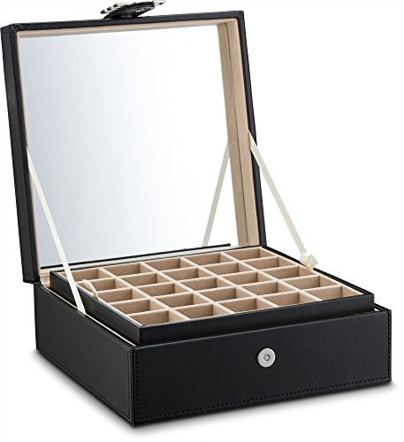 Glenor Co Classic 50 Slot Jewelry Box Earring Organizer with Large Mirror, Black