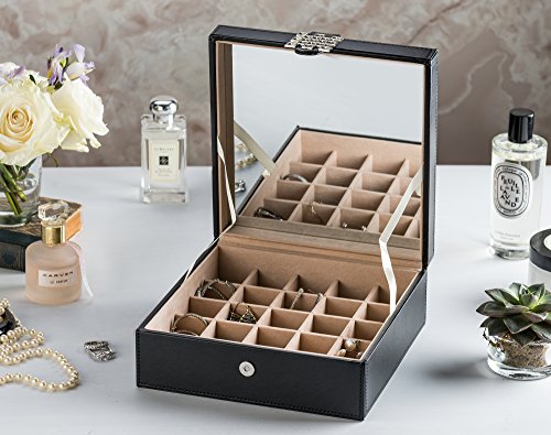Glenor Co Classic 50 Slot Jewelry Box Earring Organizer with Large Mirror, Black