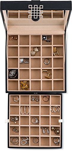 Glenor Co Classic 50 Slot Jewelry Box Earring Organizer with Large Mirror, Black