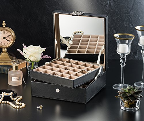 Glenor Co Classic 50 Slot Jewelry Box Earring Organizer with Large Mirror, Black