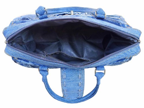 Upcycling Blue Denim Jean Large Capacity Doctor Style with Hand Stitching Edge Top Handle Satchel Structured Handbag for Women