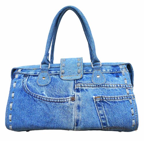 Upcycling Blue Denim Jean Large Capacity Doctor Style with Hand Stitching Edge Top Handle Satchel Structured Handbag for Women