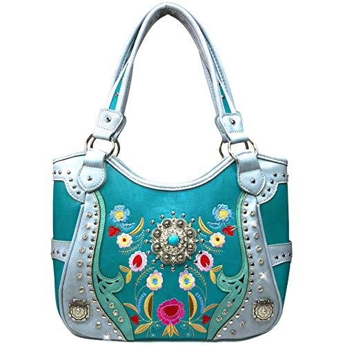 Embroidered Floral Laser Cut Turquoise Rhinestone Concho Concealed Carry Tote Hobo Purse (Turquoise)