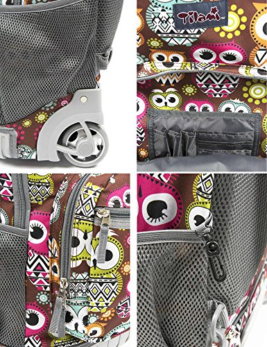Tilami Kids Rolling Backpack 18 inch Boys and Girls Laptop Backpack, Owls