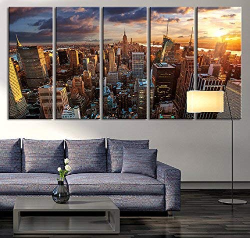 ART New York Sundown Canvas Print, Large Wall City Landscape, Extra Large Cityscape Big Apple New York Wall Print - 60x32 Inch Total