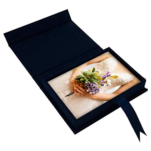 Koyal Wholesale Navy Blue Linen Photo Box, 4 x 6-Inch Memory Storage Box with Lid, Keepsake Boudoir Linen Box