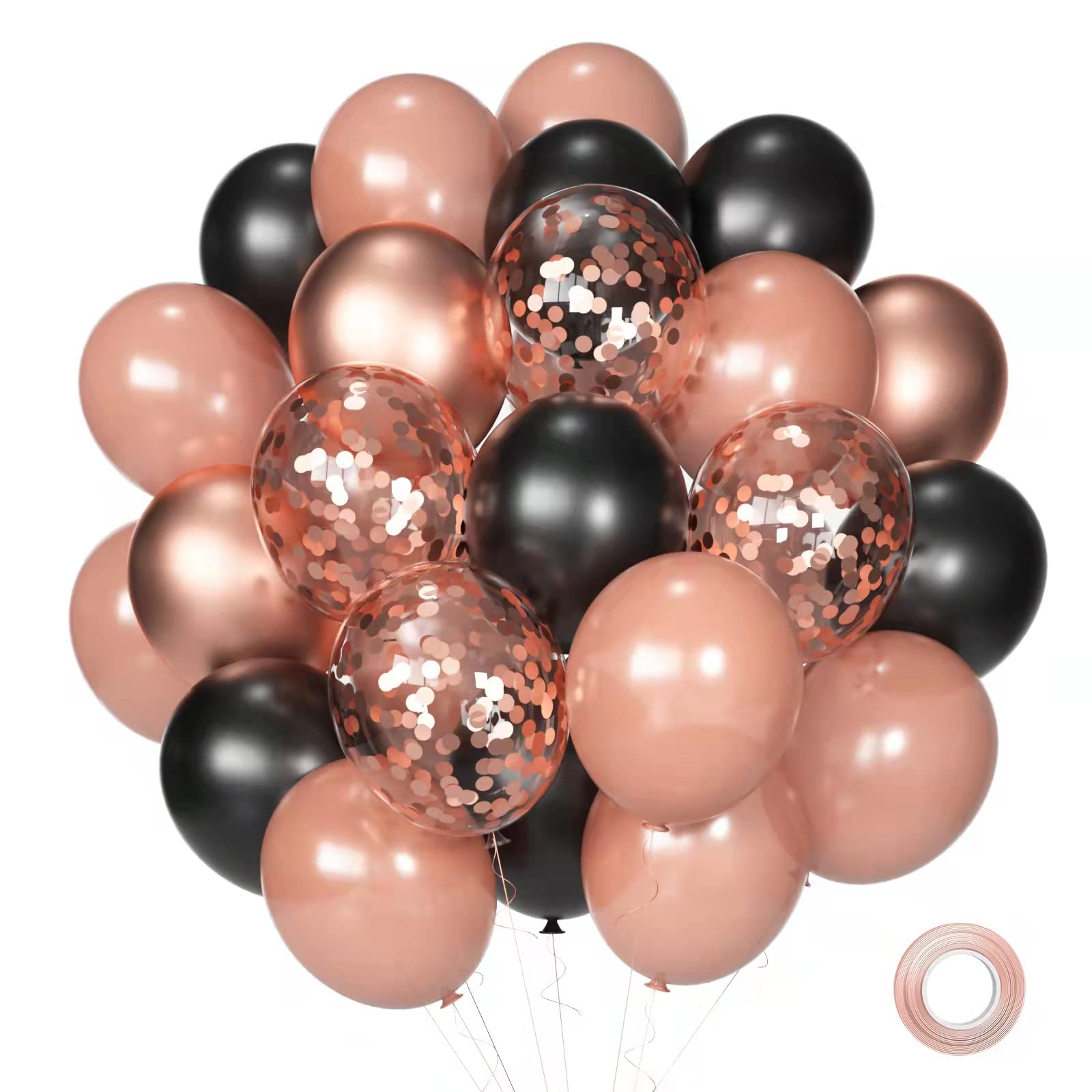 Rose Gold and Black Balloons, 50 Pcs 12 Inch Black Rose Gold Confetti Latex Balloons, Black Rose Gold Party Balloons for Women Girls Birthday Bridal Baby Shower Wedding Decoration