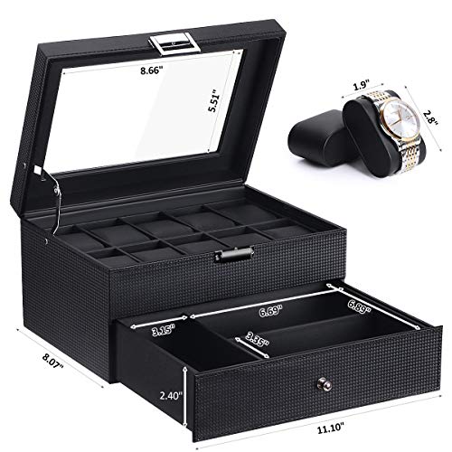 BEWISHOME Watch Box Organizer with Valet Drawer - Real Glass Top, Metal Hinge, Large Holder, Black Carbon Fiber Faux Leather - 10 Slots Watch Storage Case Jewelry Box for Men SSH14C