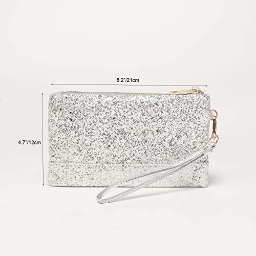 LAM GALLERY Sparkling Glitter Evening Clutch Silver Bride Purse for Wedding Bling Clutch Handbag for Party - Silver Wristlet Style