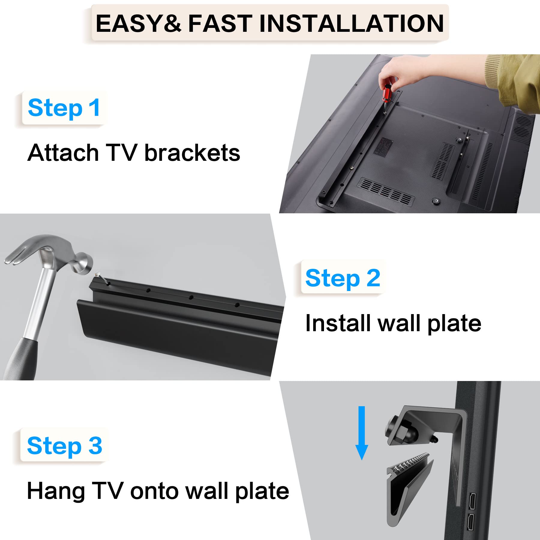 No Drill Drywall TV Mount, No Stud TV Wall Mount for 32-75 Inch Most Brand TVs up to 150lbs, Easy Install No Stud Studless TVs Wall Mount, Included All Hardware-New Level Bubble Meter