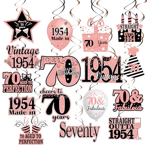 36PCS Rose Gold 70th Birthday for Women Party Decorations Vintage 1954 Hanging Swirls Seventy Years Old Party Supplies Ceiling Hanging Decor for Birthday Anniversary Vintage 1954 Party Favors