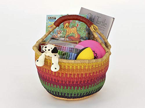 African Market Basket, Small Round Woven Straw Basket with Handle Fair Trade Storage Container