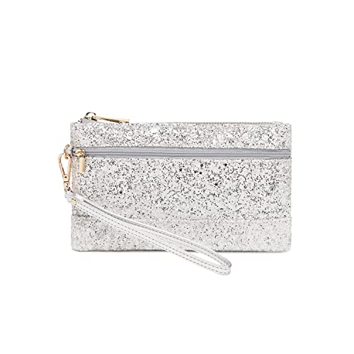 LAM GALLERY Sparkling Glitter Evening Clutch Silver Bride Purse for Wedding Bling Clutch Handbag for Party - Silver Wristlet Style