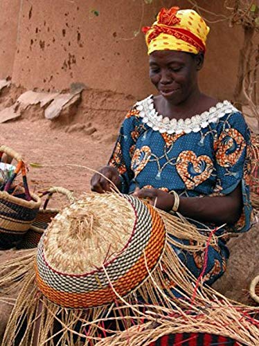 African Market Basket, Small Round Woven Straw Basket with Handle Fair Trade Storage Container