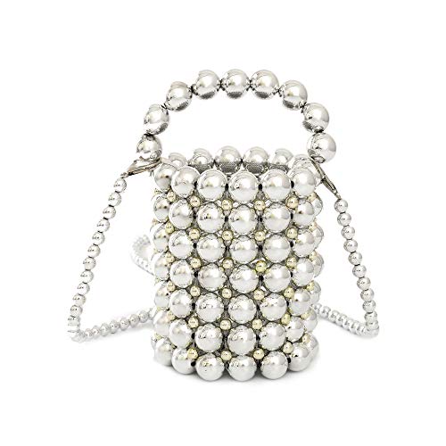 YIFEI Women Metaillic Colored Beaded Acrylic Handmade Bucket Bag with Detachable Chain (Sliver)