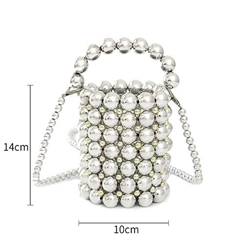 YIFEI Women Metaillic Colored Beaded Acrylic Handmade Bucket Bag with Detachable Chain (Sliver)