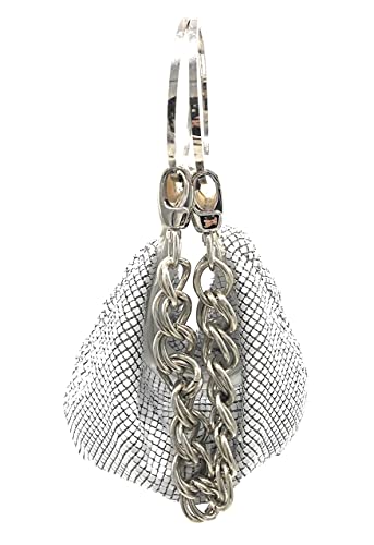 Multiway clutch metal mesh hobo bag evening purse for Cocktail Party Prom Wedding Banquet (White)