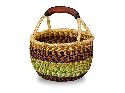 African Market Basket, Small Round Woven Straw Basket with Handle Fair Trade Storage Container