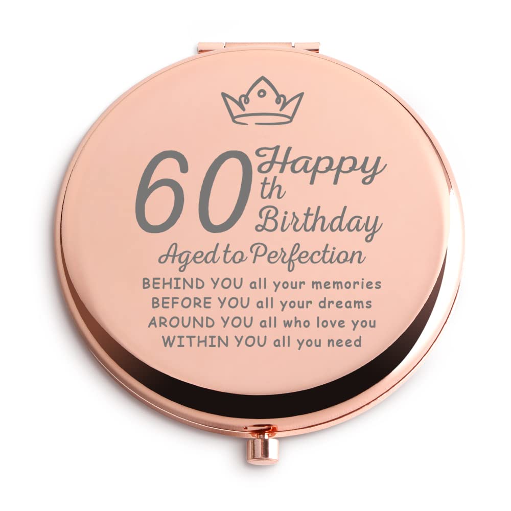 60 Year Old Birthday Gifts for Women Rose Gold Compact Cute for Purse Travel Folding Hand Mirror for Grandma Wife Teacher Best Friend BFF
