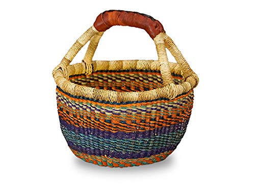 African Market Basket, Small Round Woven Straw Basket with Handle Fair Trade Storage Container