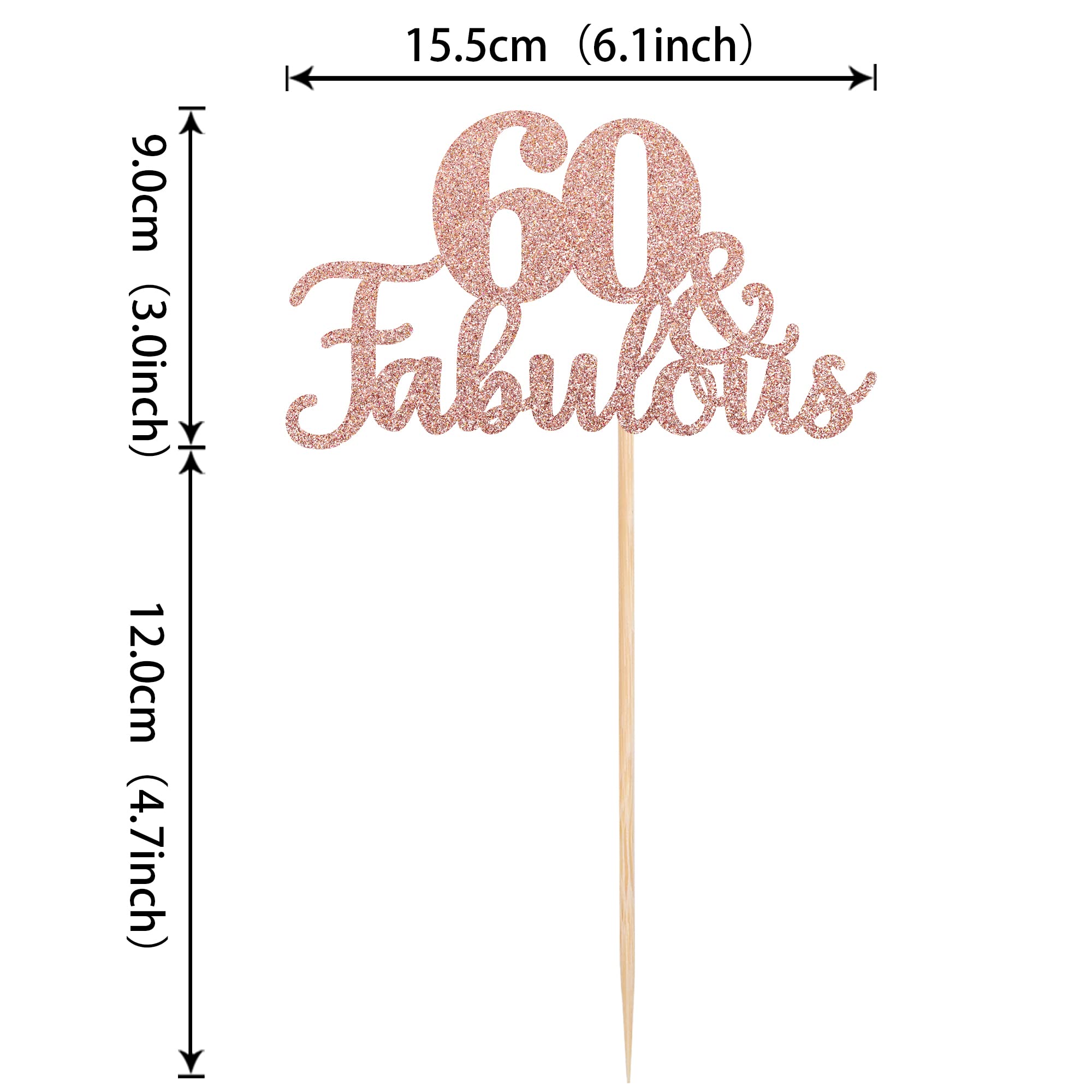 1 PCS 60 & Fabulous Cake Topper Glitter Sixty and Fabulous Cake Toppers Happy 60th Birthday Cake Pick for 60th Wedding Anniversary Birthday Party Cake Decorations Supplies Rose Gold